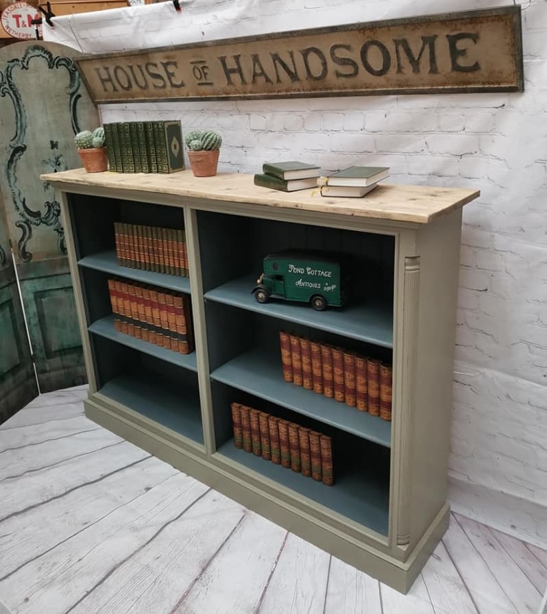 Lovely painted and distressed bookcase with old pine top Pond Cottage Antiques